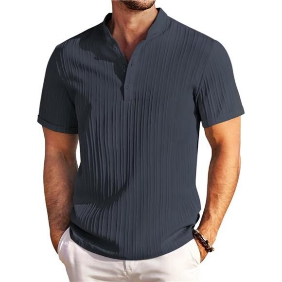 Shirts | Men Casual Henley Tee Shirt Short Sleeve Band Collar Summer Beach | Poshmark